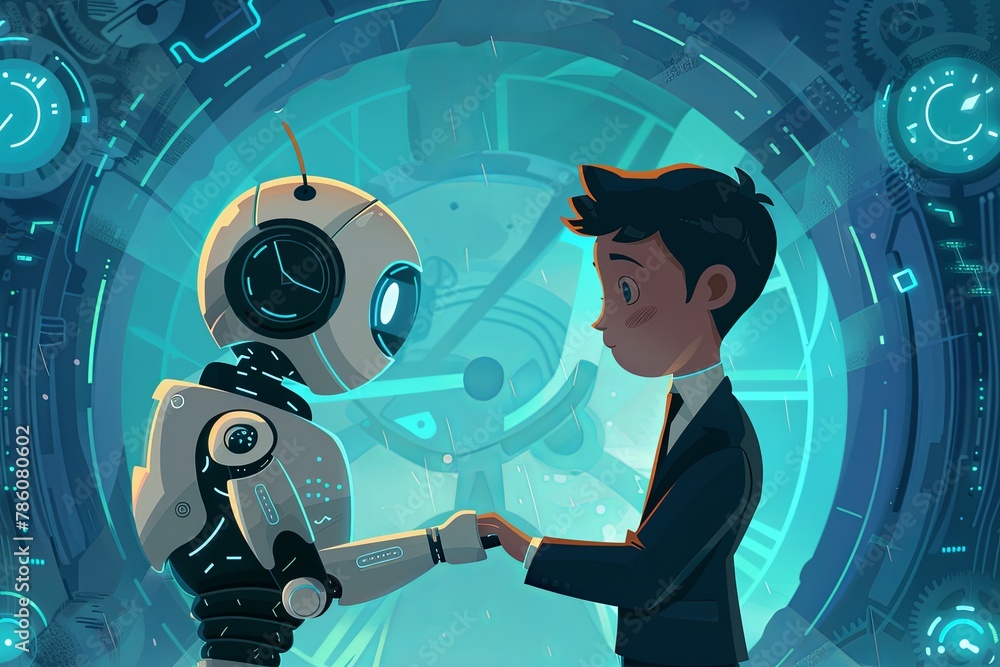 A cartoon illustration of AI robot and human touching hands together ...