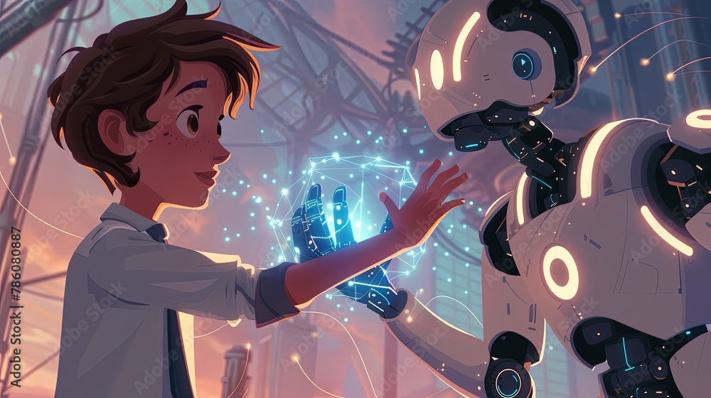 A cartoon illustration of AI robot and human touching hands together ...
