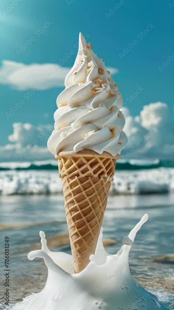 A white ice cream cone with a splash of milk on the ground. Concept of ...