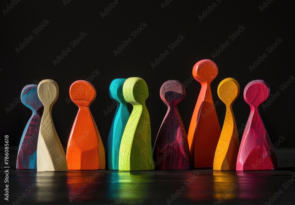 Row of colorful wooden figures stands united, symbolizing diversity and ...