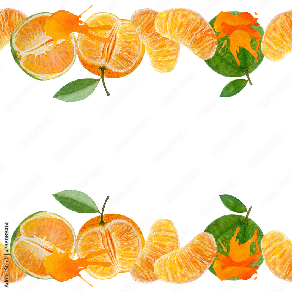 Green orange tangerine and color splash watercolor seamless horizontal border isolated on white ...