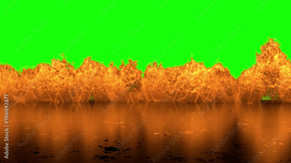 flame wall on green background. 3d animation of a wall of fire on a ...