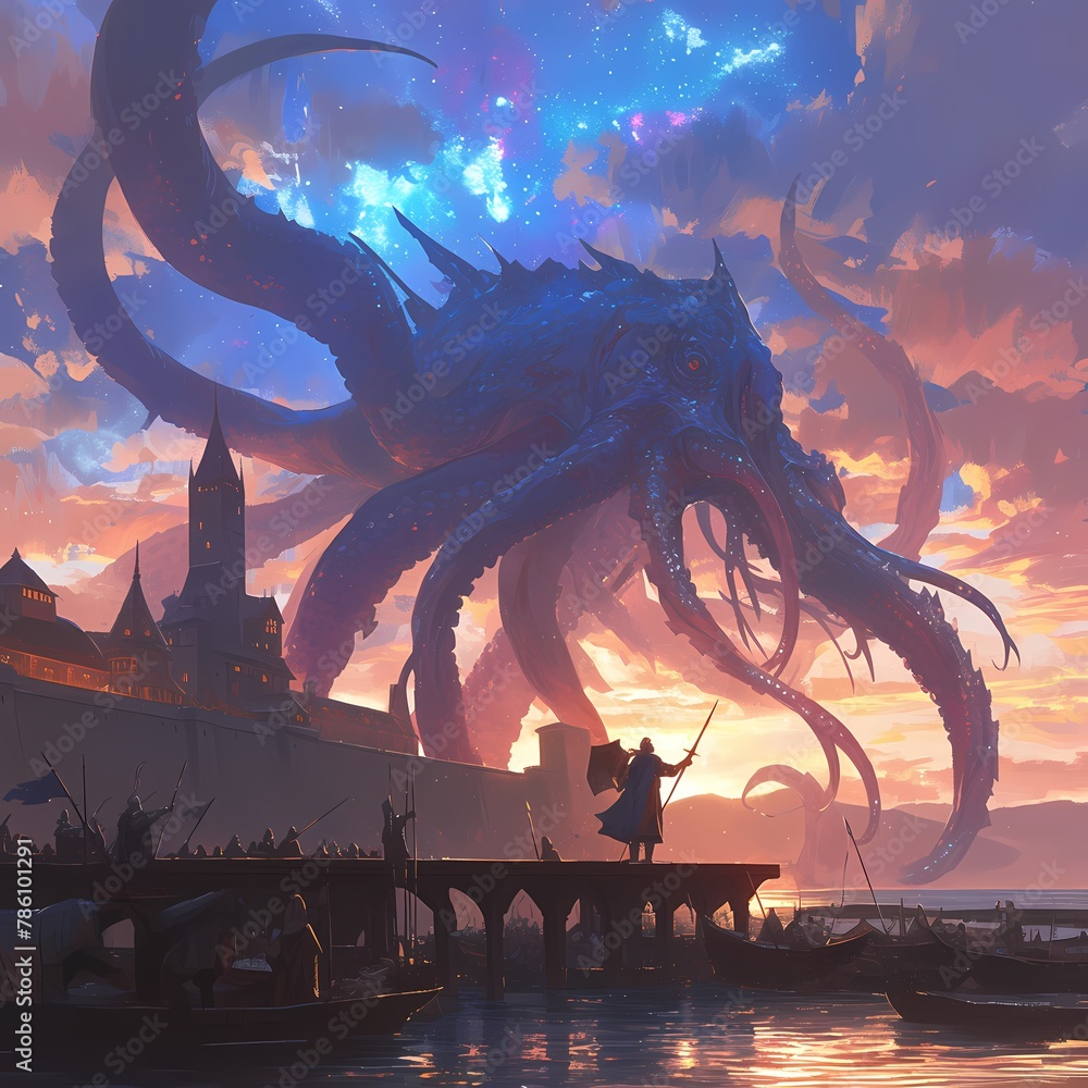 A mythical kraken rises from the deep ocean waters, as a knight stands atop its back during ...