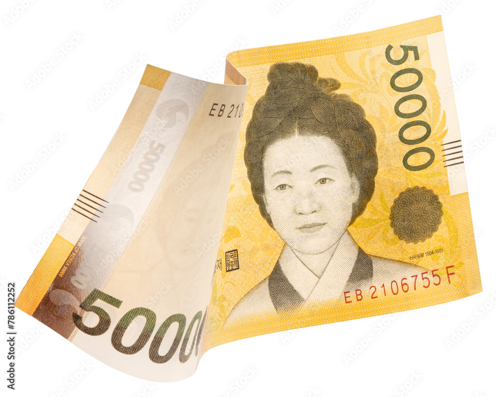50000 South Korean won banknotes falling in the air isolated on white ...