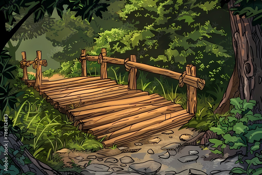 Wooden bridge, Illustration, cartoon background Stock Illustration ...