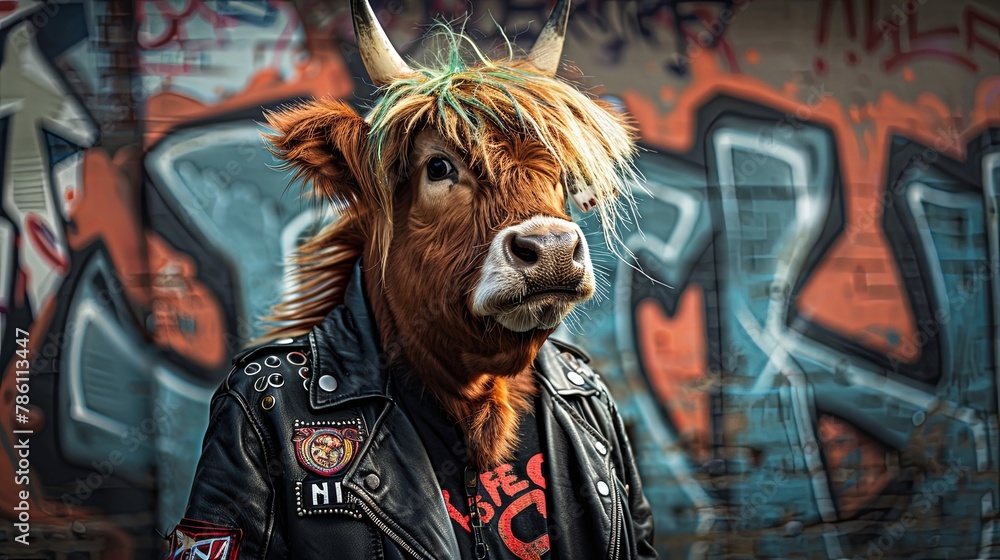 Highland cow with a punk look in a leather jacket and vibrant hair on a ...