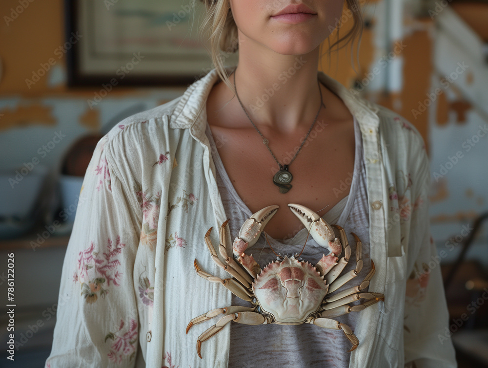 Foto de Femme avec crabe cancer au niveau de sa poitrine, symbole du ...