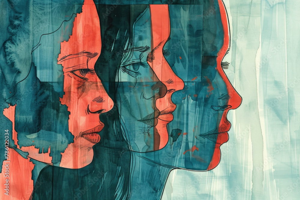 A vivid watercolor artwork depicts a woman with multiple overlapping ...