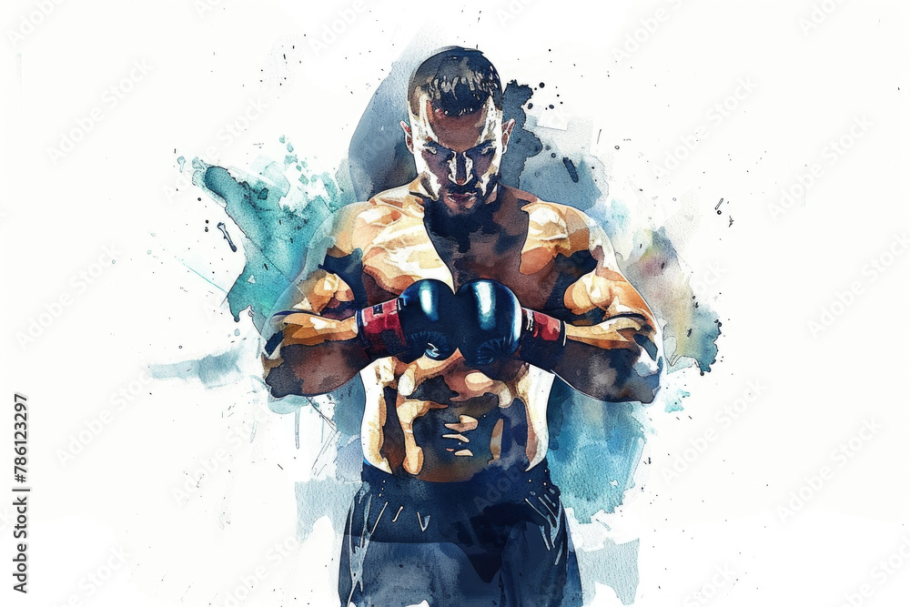 A realistic painting of a man wearing boxing gloves, ready for a fight ...