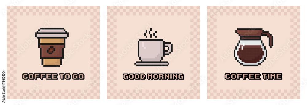 coffee pixel art poster set, 80s, 90s arcade game style, coffee cup ...