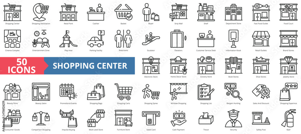 Shopping center icon collection set. Containing destination, retail ...
