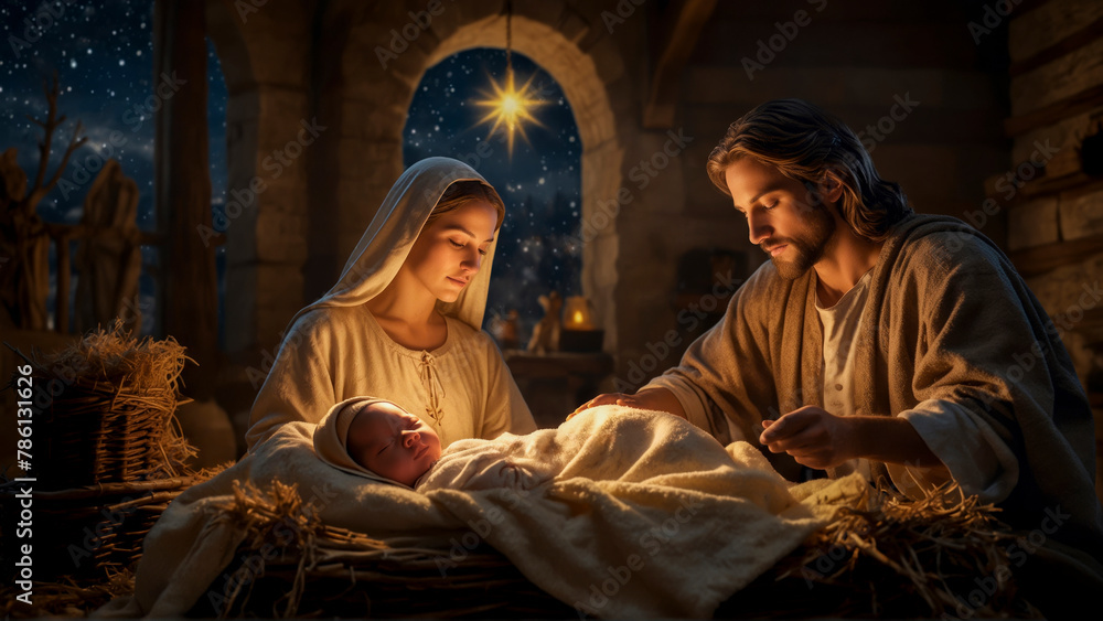 Sacred Nativity of Christ: Virgin Mary and Joseph Gazing at Baby Jesus ...