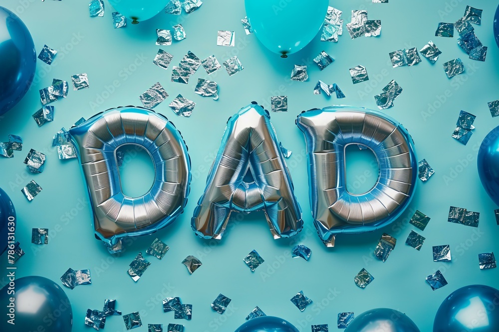 dark blue foil balloons shaped text DAD on a pastel blue background ...