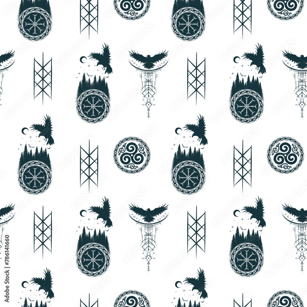 Scandinavian signs vegvisir, triskele and raven seamless pattern. Hand ...