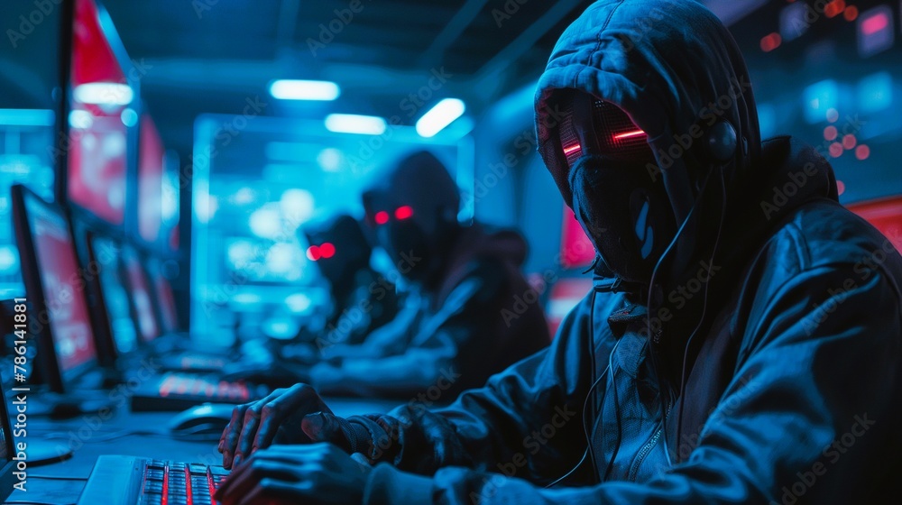 They men wearing masks and hoodies are sitting in front of computer monitors. They're typing on ...