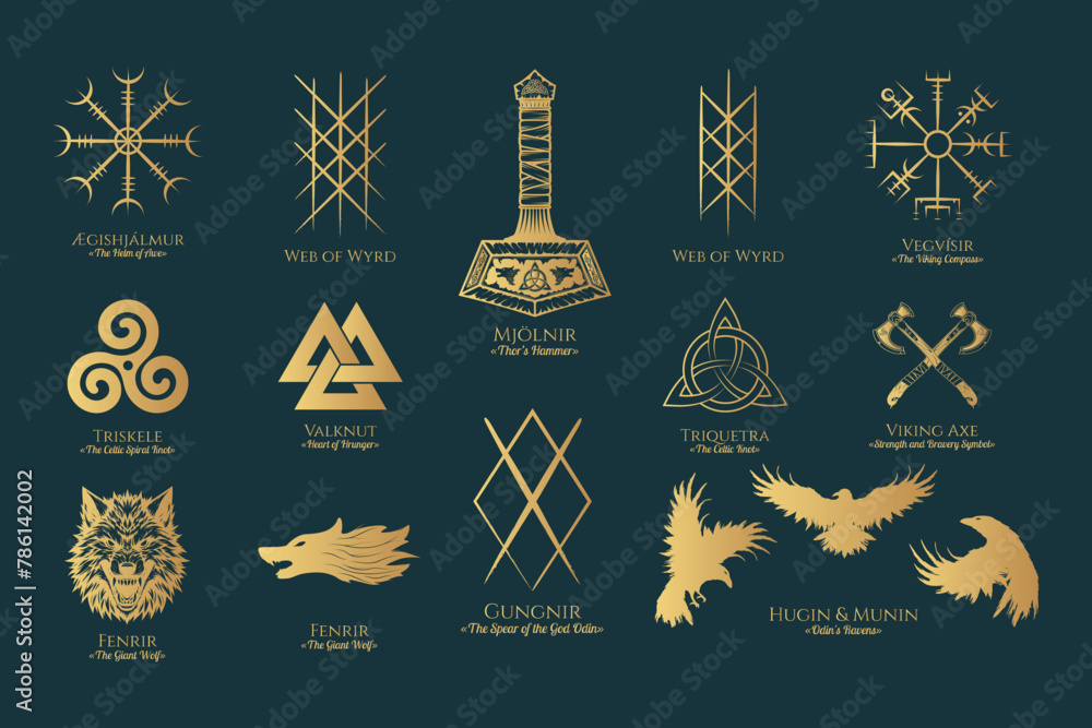 Viking symbols isolated set. Golden collection of scandinavian pagan ...