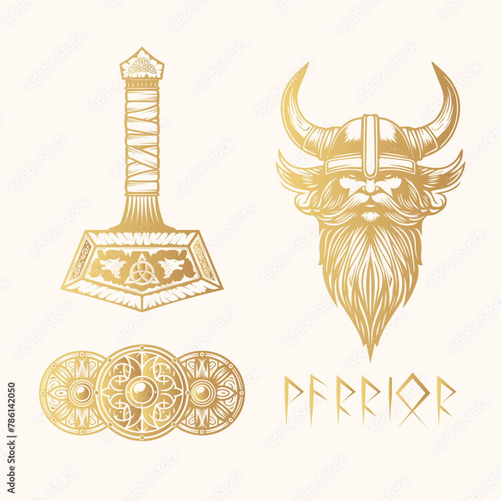 Thor’s hammer, viking head in a helmet, shields and runes . Golden ...