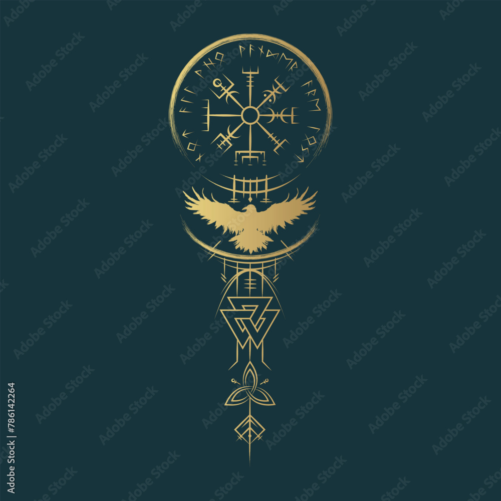 Golden Viking symbols: vegvisir, triquetra, valknut, raven and runes on ...