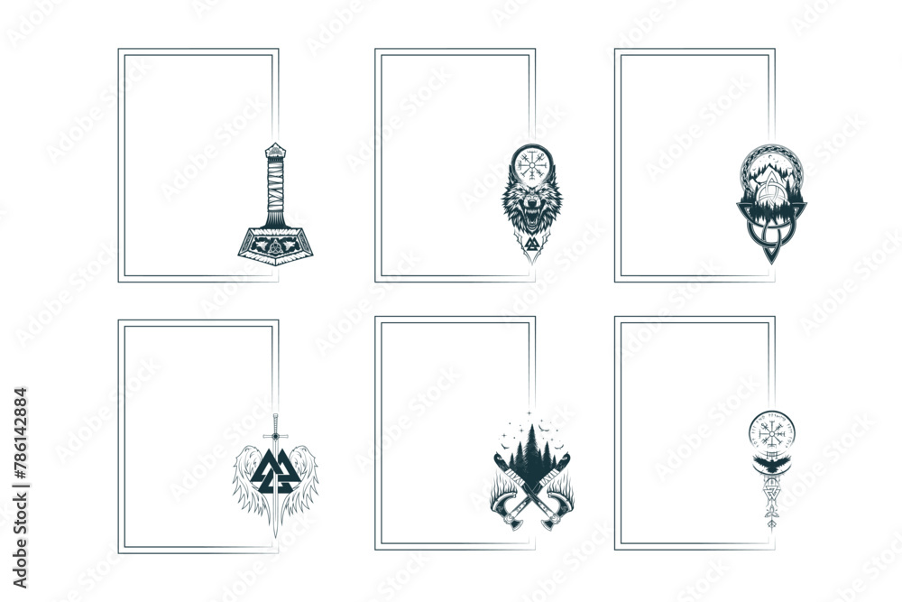 Viking symbols and runes collection. Six rectangular frames with celtic ...