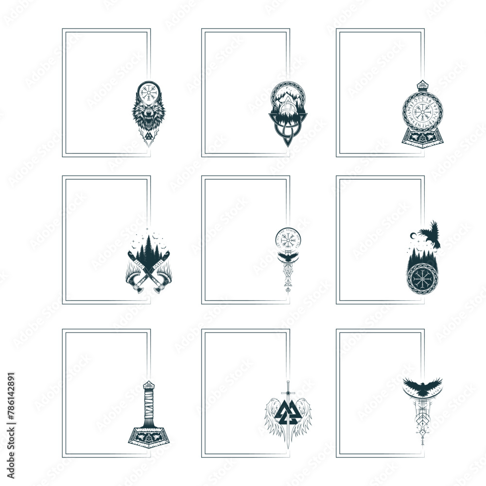 Viking symbols and runes collection. Nine rectangular frames with ...