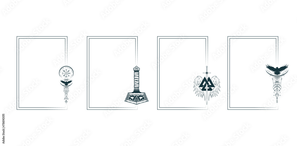 Isolated set of four rectangular frames with pagan Viking symbols ...