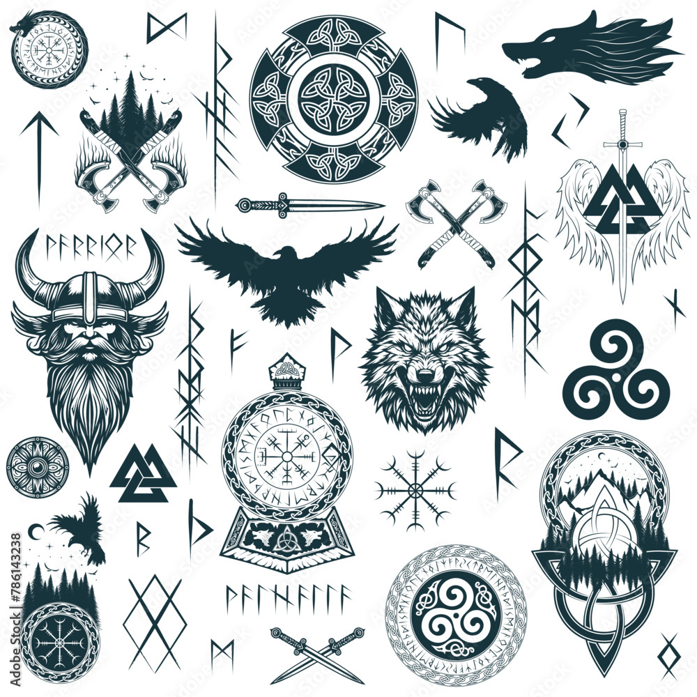 Viking runes and symbols collection. Big hand drawn isolated set of ...
