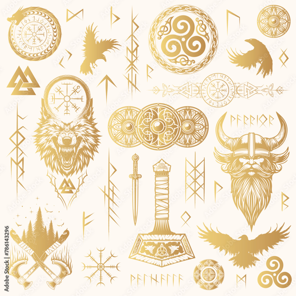 Golden Viking runes and symbols collection. Big hand drawn isolated set ...