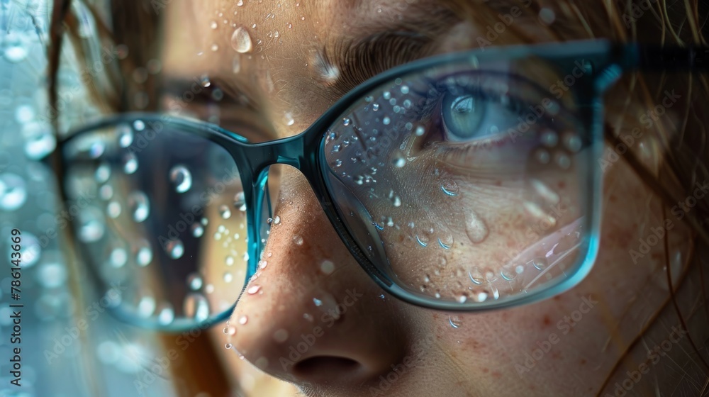 Eyeglasses covered with raindrops (rain) showing a girl with a vision ...