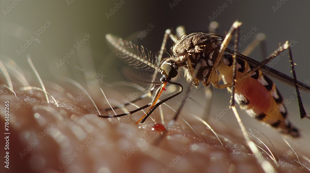 Macro shot of a dangerous Zika-infected mosquito biting human skin, illustrating the risk of ...