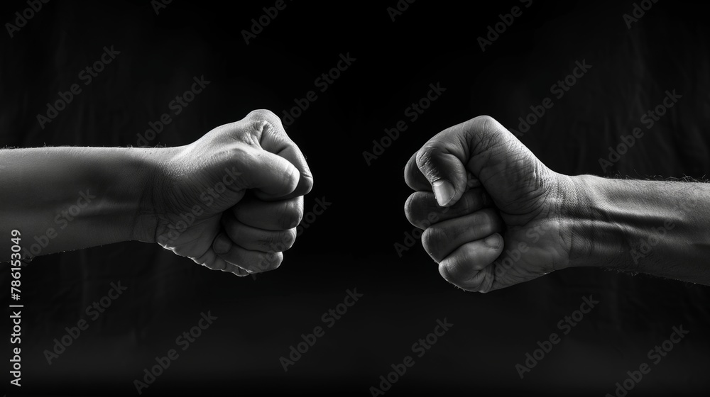 In this black and white illustration, two fists with a male and female ...