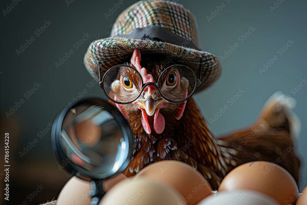 A chicken donning a detective hat and magnifying glass, embarking on a ...