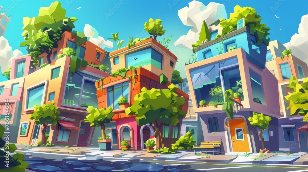 Eco-friendly city district with eco-houses, modern architecture, plants ...
