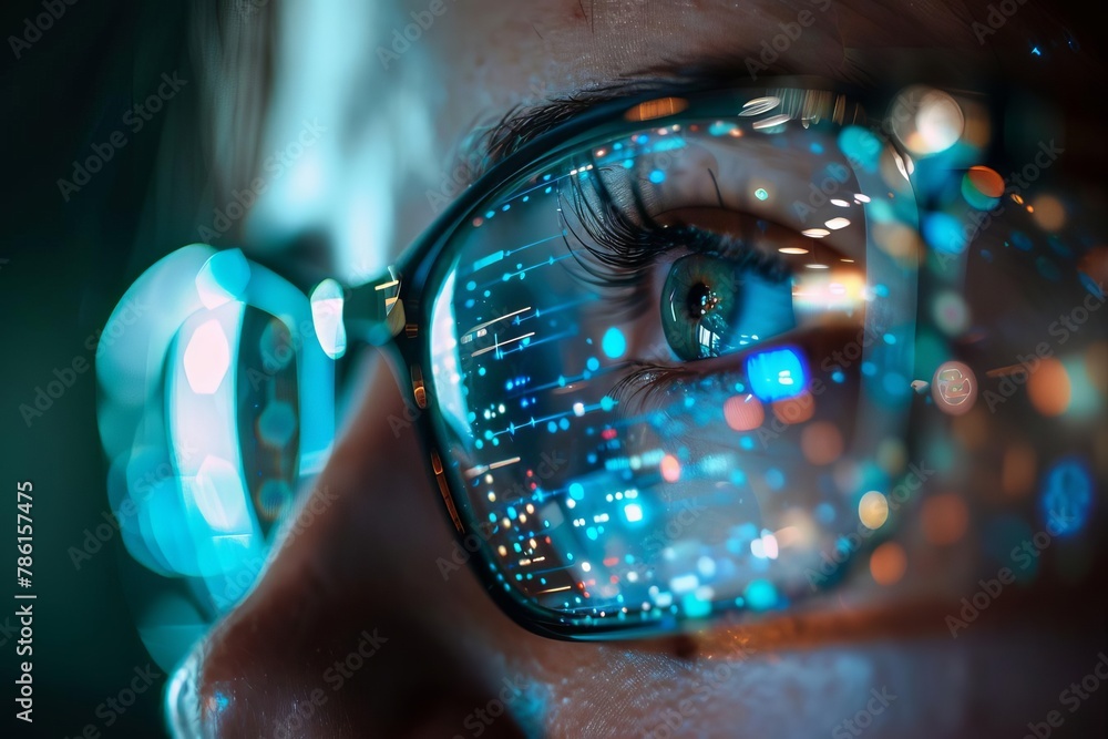 data reflecting on eyeglasses on programmers face futuristic ai and ux designer concept digital ...