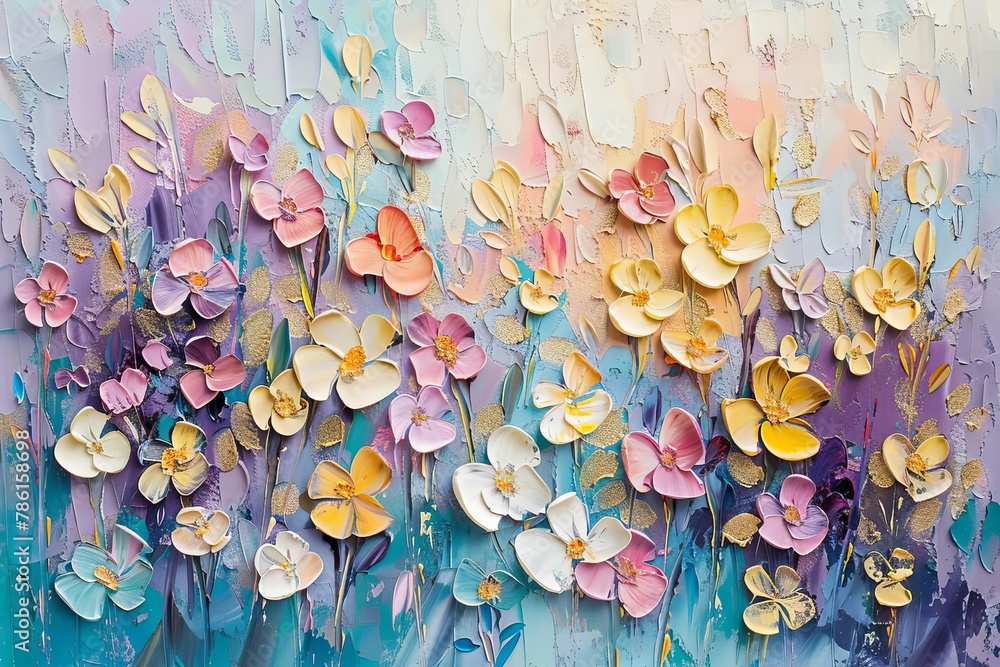floral abstract oil painting with gold and pastel colors palette knife ...