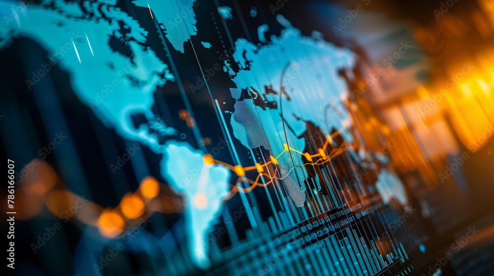 Global Financial Data Analysis: Digital Graphs and World Map Overlay ...