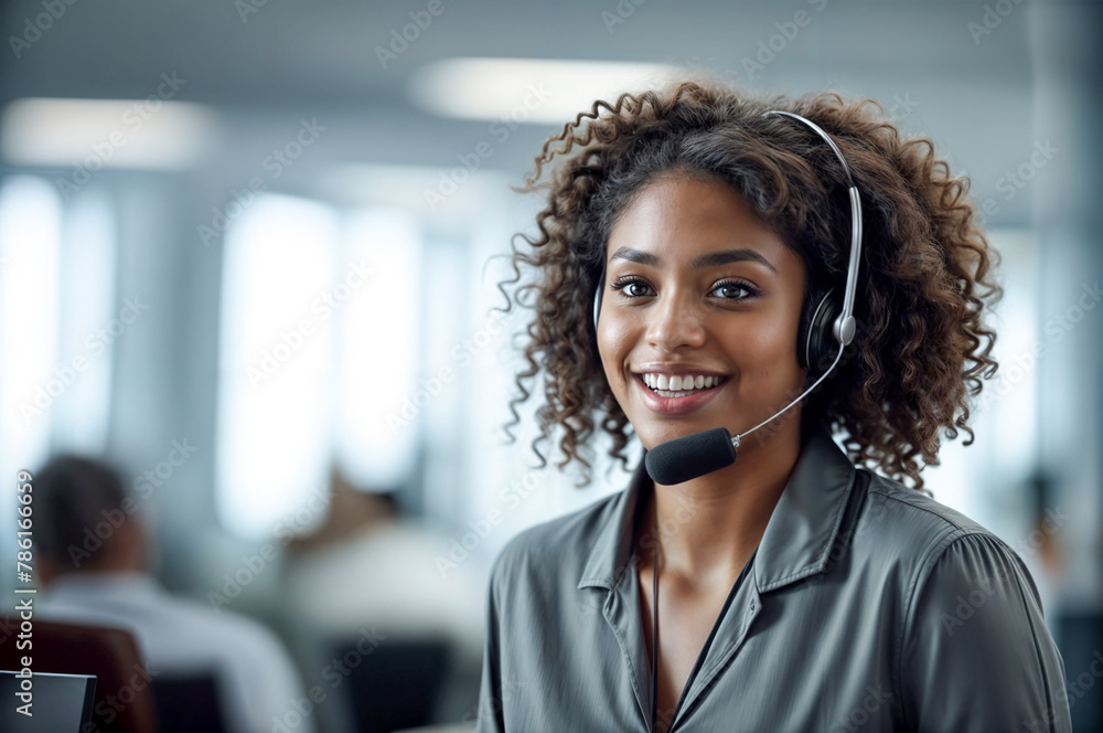 Smiling American customer service representative working with a headset ...
