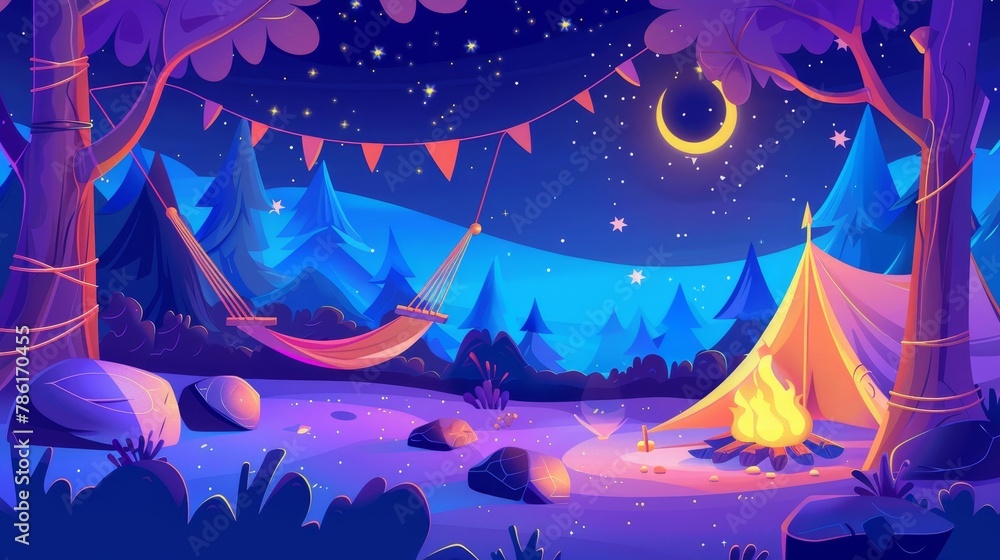 Camping at night with tent, bonfire, hammock. Modern cartoon ...