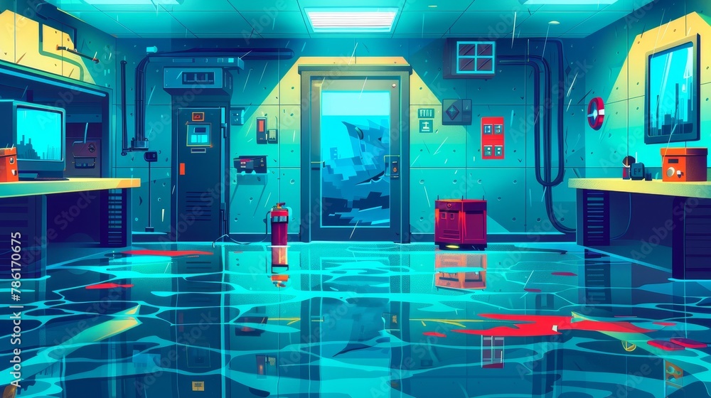 Secret laboratory in underground bunker with door, locker, monitor and ...