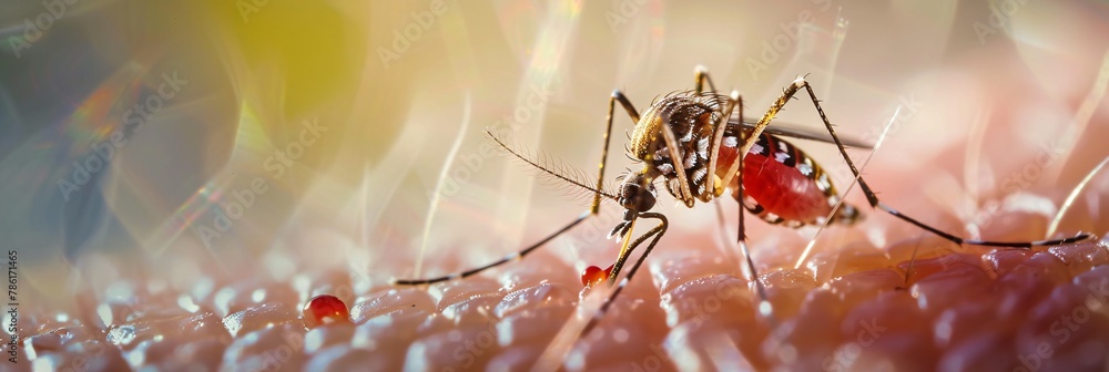 Macro shot of a dangerous Zika-infected mosquito biting human skin, illustrating the risk of ...