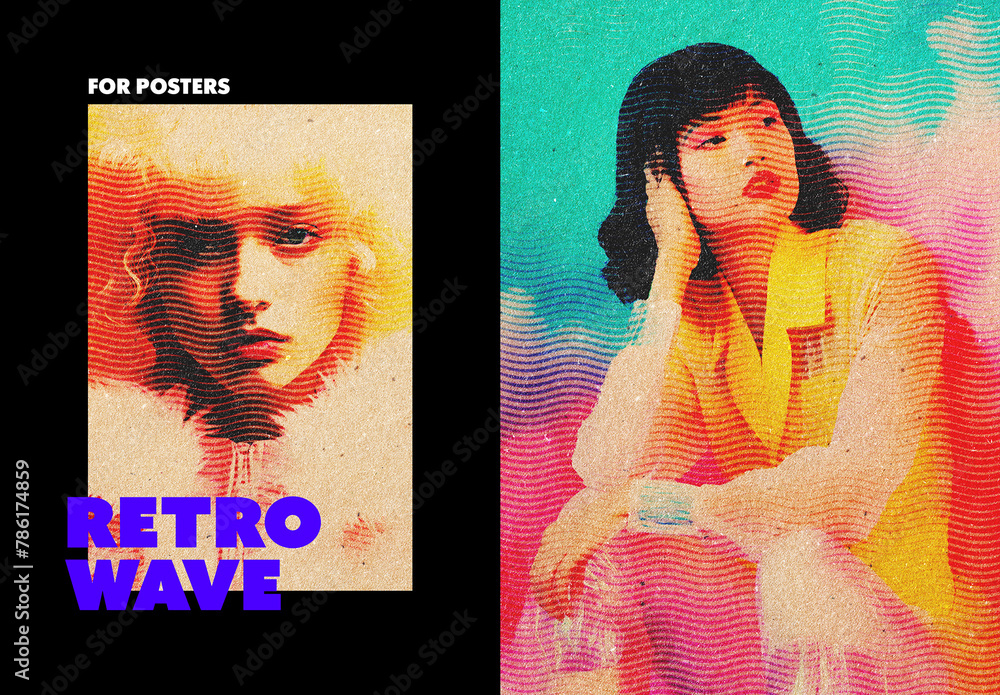 Retro Wave Halftones Poster Photo Effect Mockup Stock Template | Adobe ...