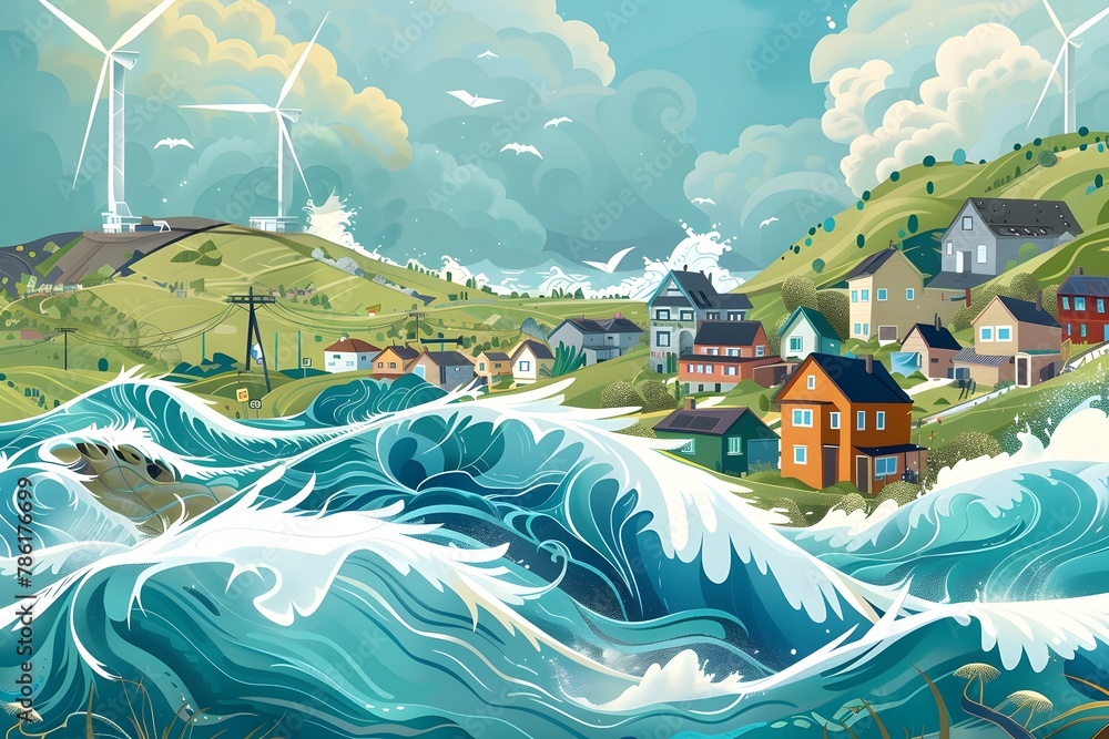 A painting of a town with a large wave crashing over it. The mood of ...