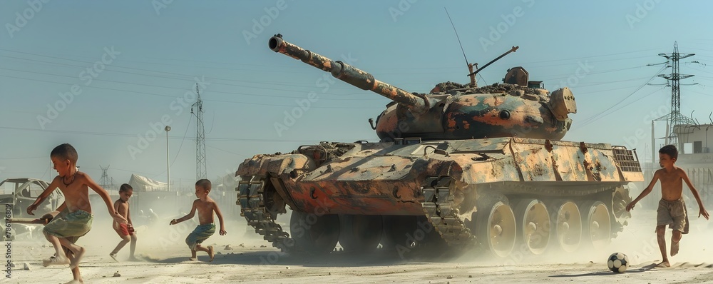 Children Playing Soccer Amidst Disabled Tank and Devastation Seeking ...