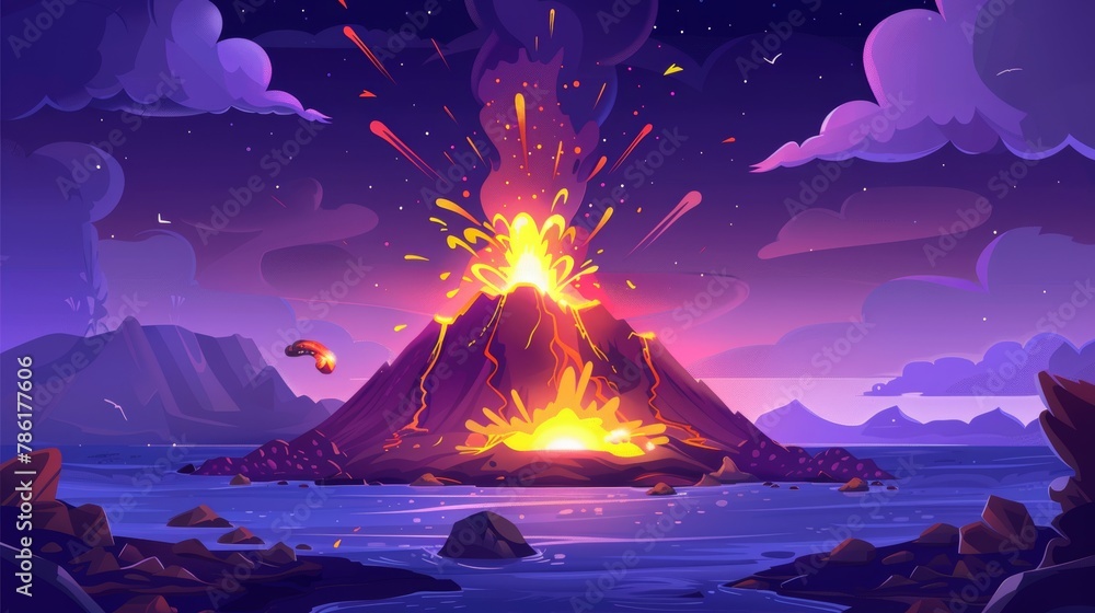 An exploding volcano on an island with lava and smoke. A sprite sheet ...