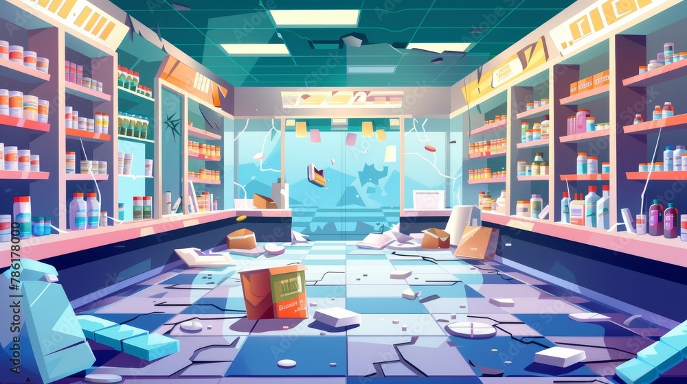 This cartoon illustration shows a broken and abandoned pharmacy from ...