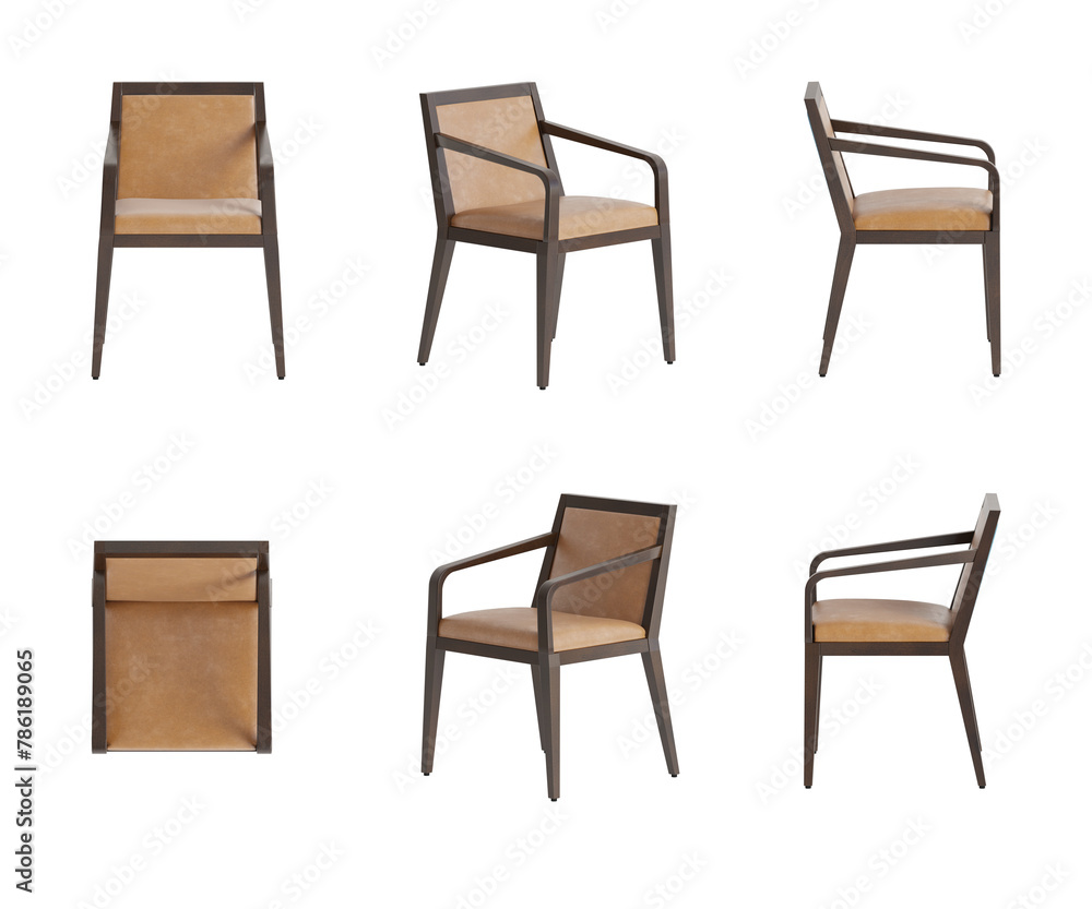 Set of six views of a modern armchair with wooden legs and armrests ...