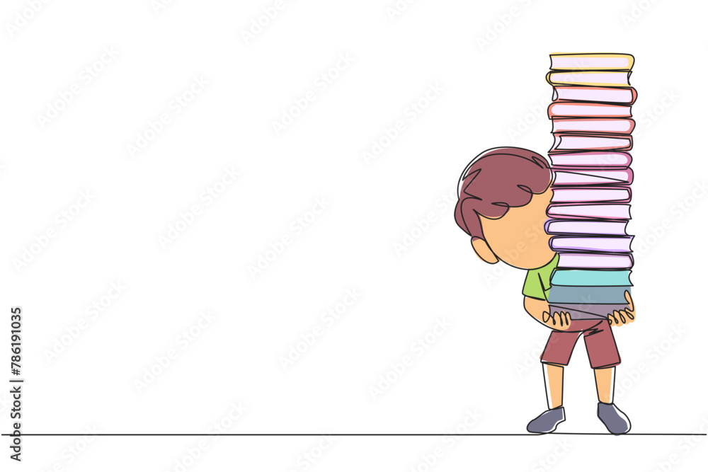 Single continuous line drawing boy carrying a tall stack of books ...