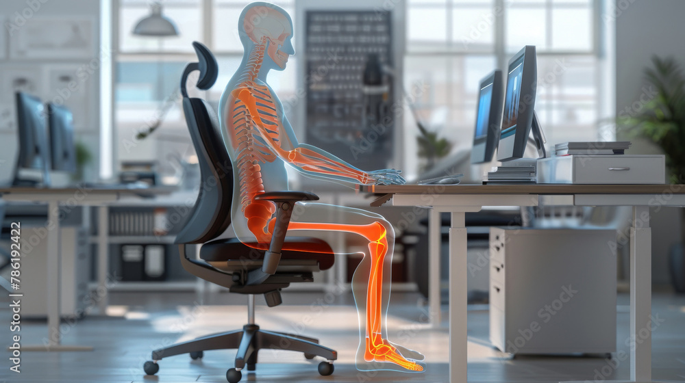 A digital illustration of a human skeleton sitting at a desk ...