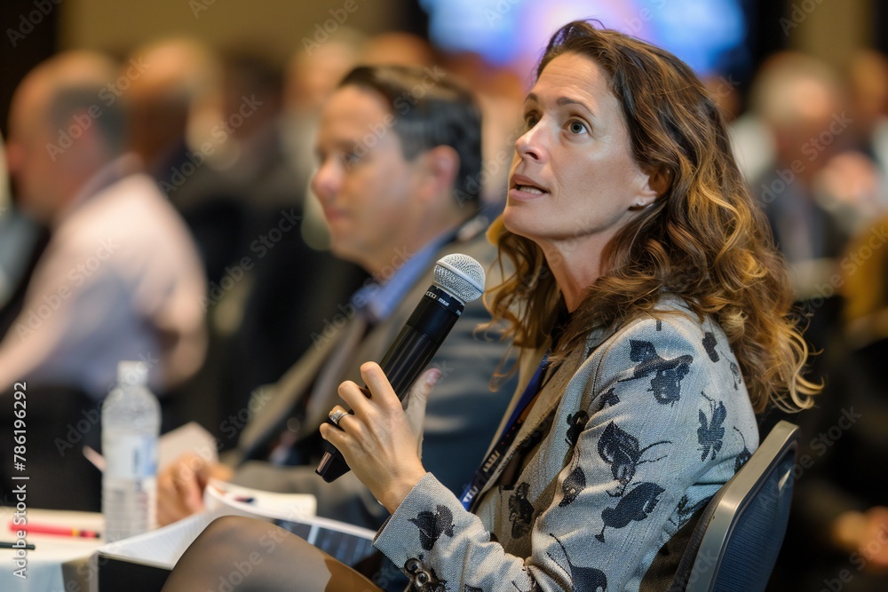 Foto de Female manager asking a question from audience while ...