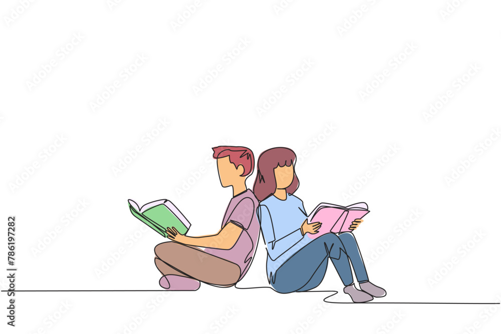 Continuous one line drawing man woman sitting while reading the book ...