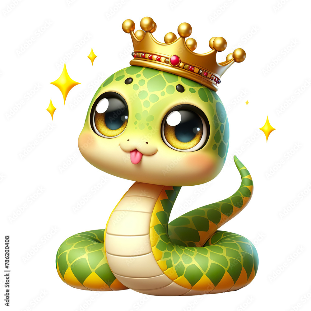 3D cartoon very cute little snake with the crown isolated white ...